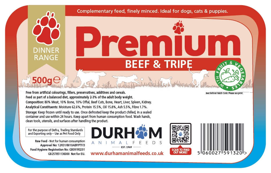 Beef & Tripe Dinner, with Fruit & Veg - Durham Animal Feeds